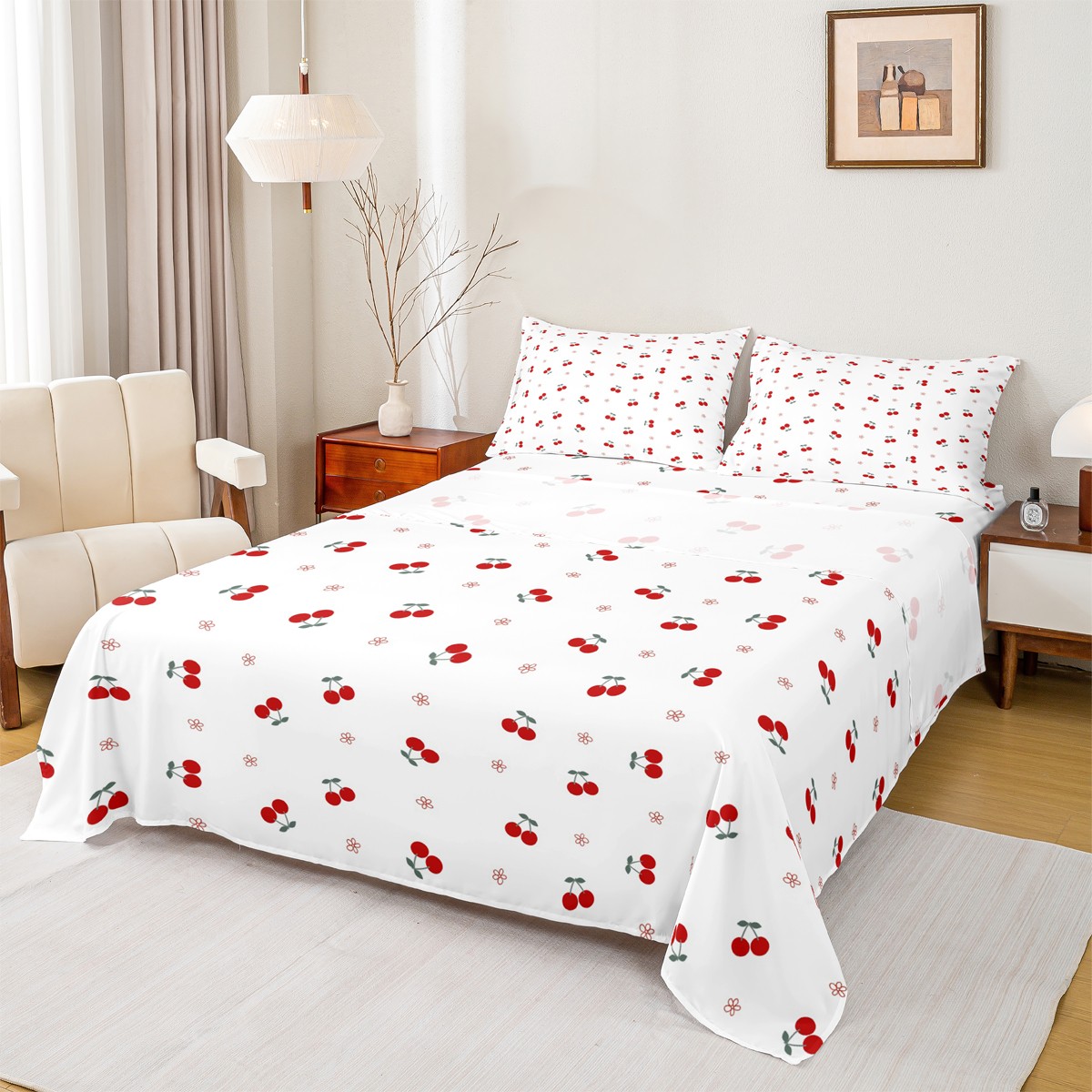 Manfei Cute Cherry Flowers Twin Sheet Sets,Sweet Cherry Theme Twin ...