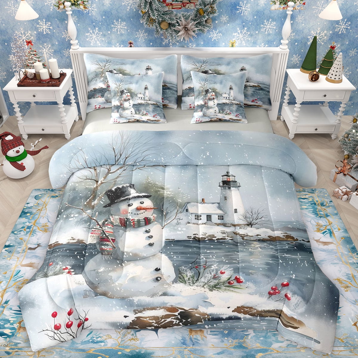 Manfei Cute Christmas Snowman 7-Piece Twin Bedding Sets,Hello Winter ...