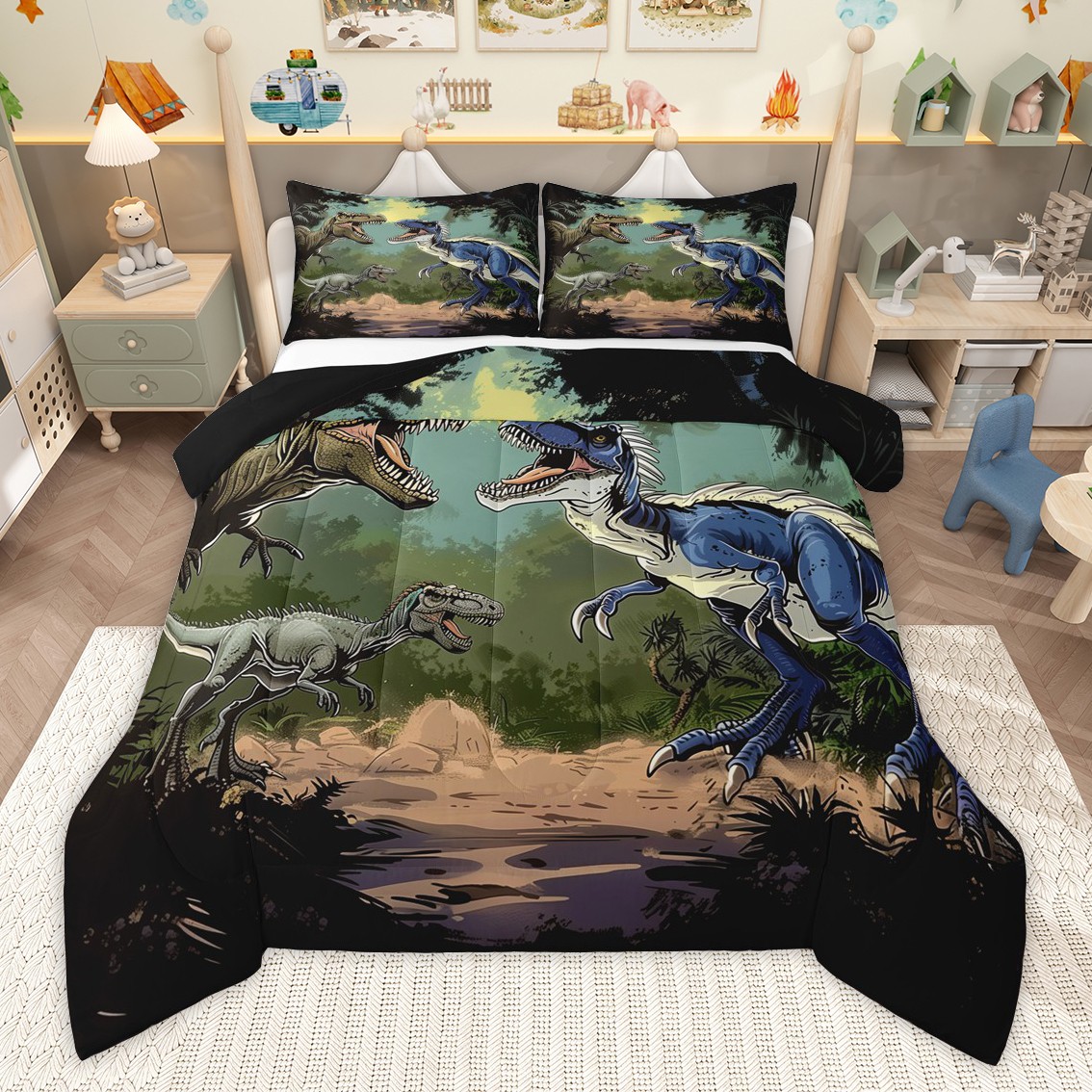 Manfei Cute Dinosaur 3-Piece Full Size Comforter Sets for Teens Kids ...