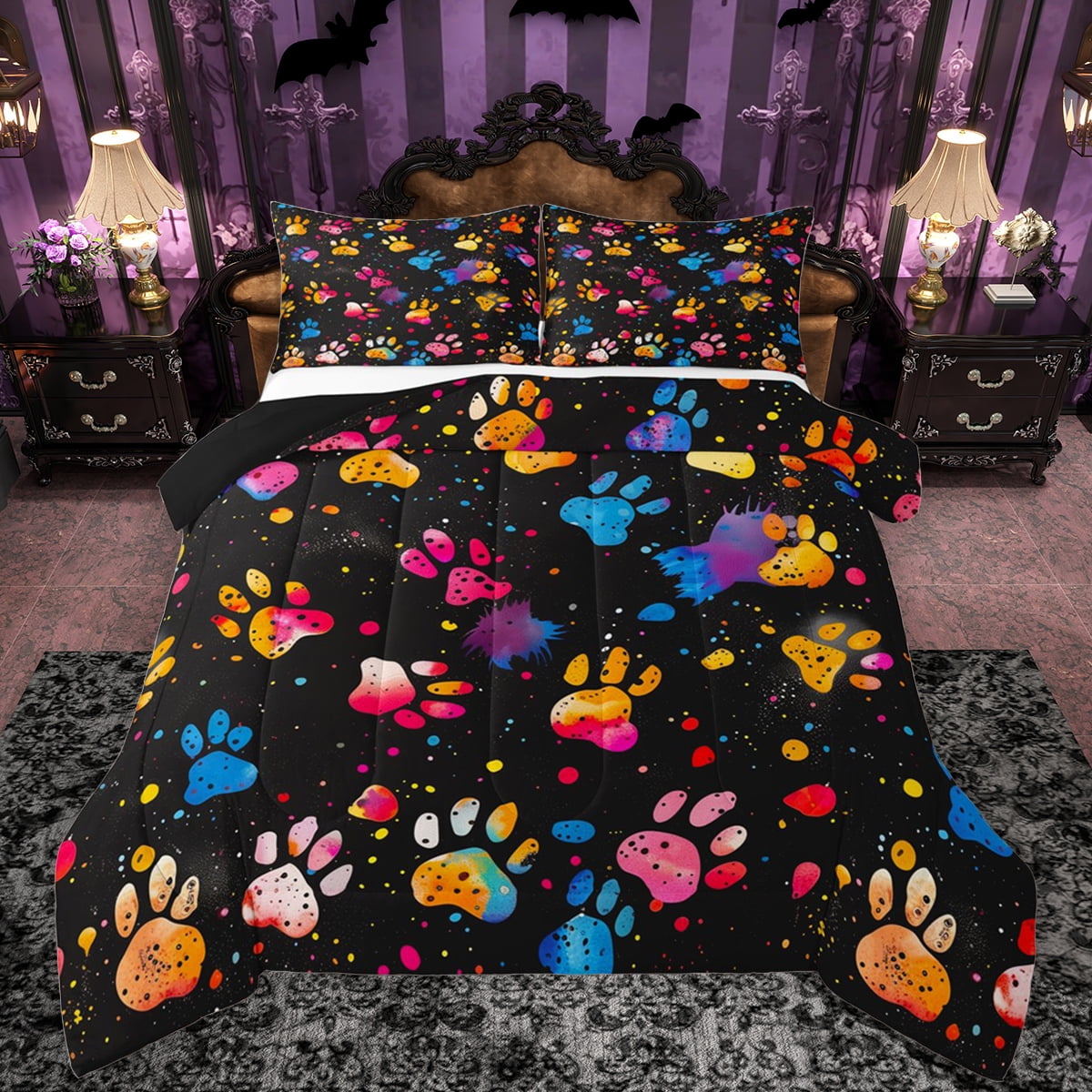Manfei Cute Dogs Paws Queen Comforter Set,Watercolor Graffiti Bedding ...