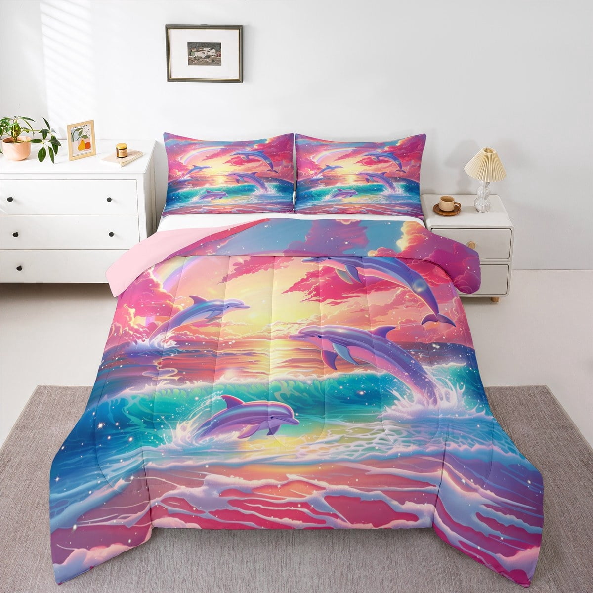 Manfei Cute Dolphin Comforter Sets Queen Size,Ocean Sealife Comforters ...