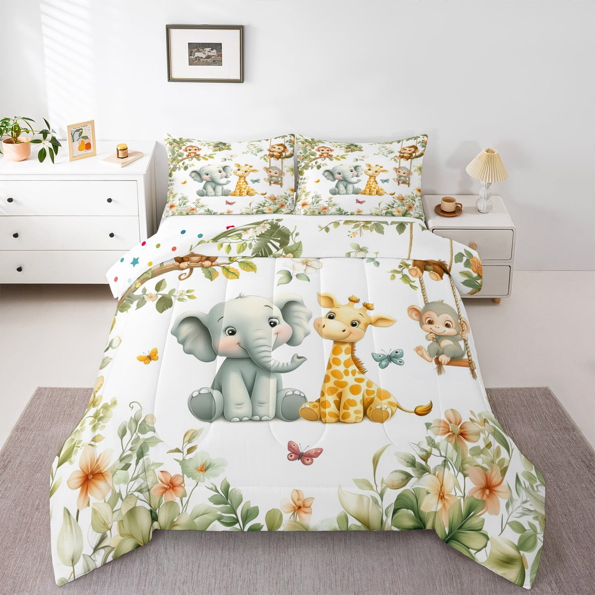 Manfei Cute Elephant Giraffe Queen Comforter Set,Monkey Zoo Animal ...