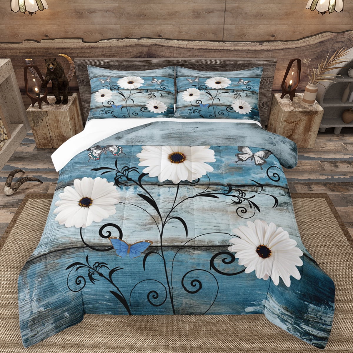 Manfei Cute Flower Daisy Full Size Comforter Sets,Old Barn Door Bedding ...