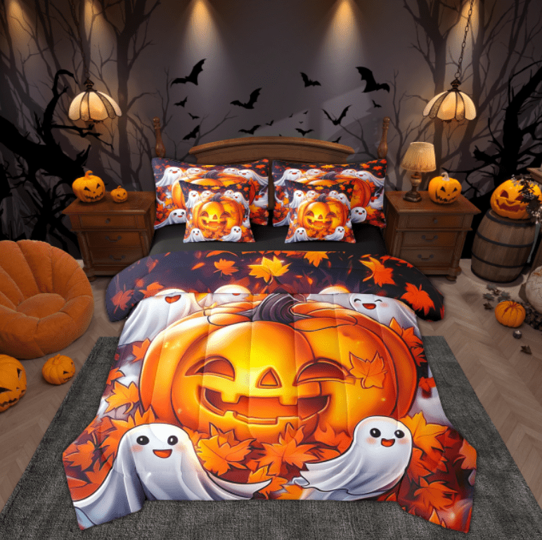 Manfei Cute Ghost Bedding Sets Full Size, Kawaii Pumpkin Bed in a Bag ...