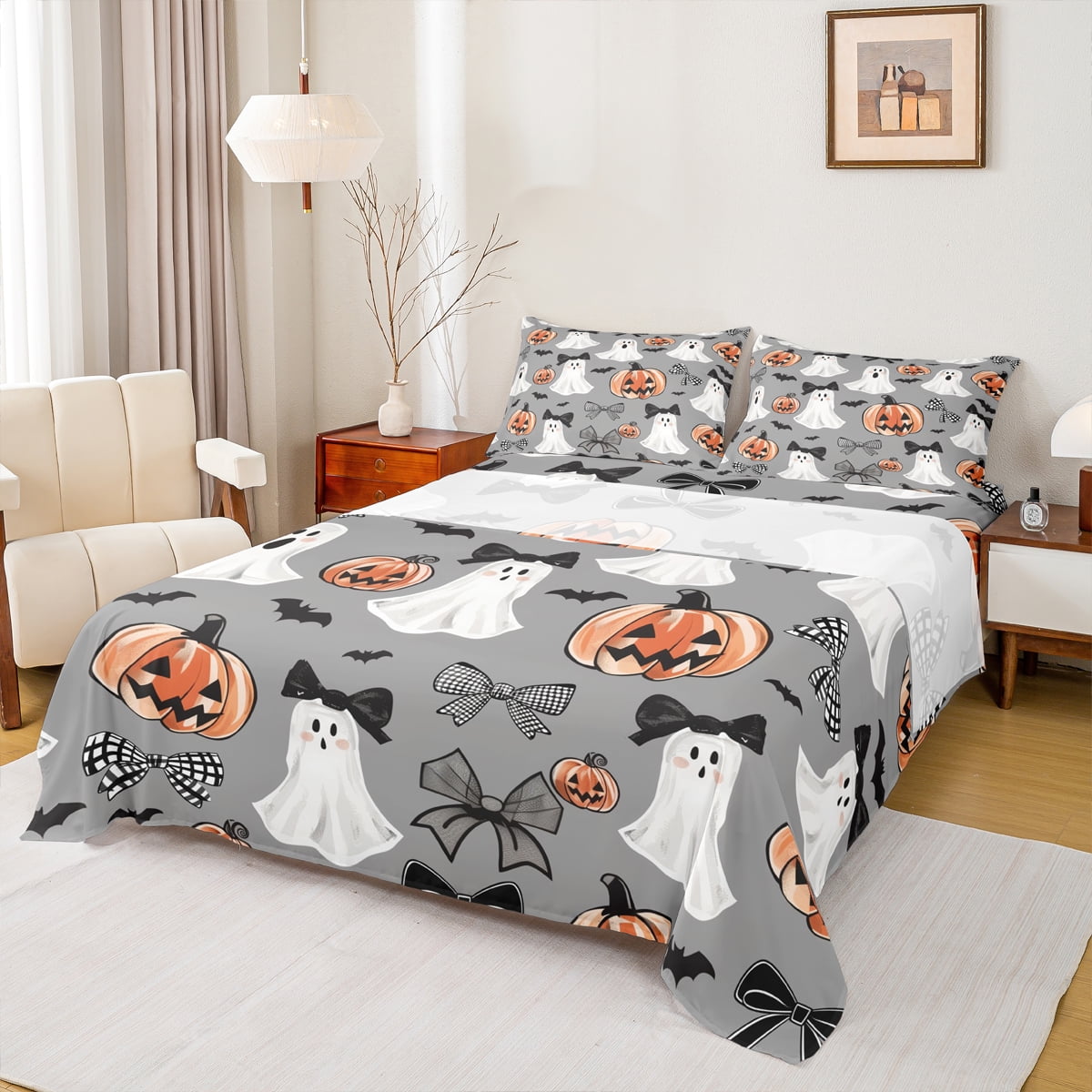 Manfei Cute Ghost Bowtie Full Size Sheets,Happy Halloween Bed Sheets ...