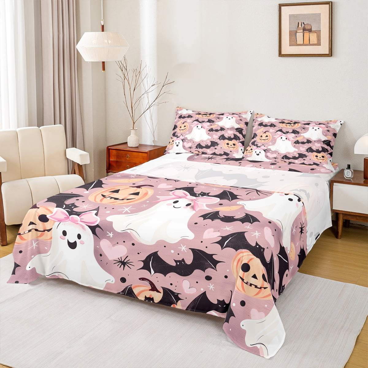 Manfei Cute Ghost Full Size Sheets,Spooky Halloween Bed Sheets,Black ...