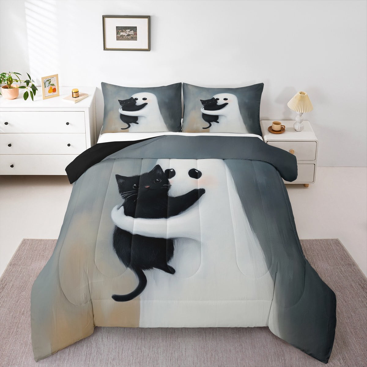 Manfei Cute Ghost Queen Comforter Set,Kawaii Cat Bedding Sets,White ...