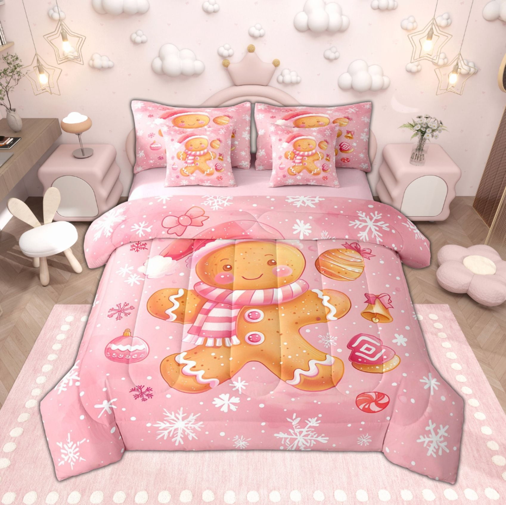 Manfei Cute Gingerbread Bedding Comforter Set 7-Piece, Xmas Jingle Bell ...