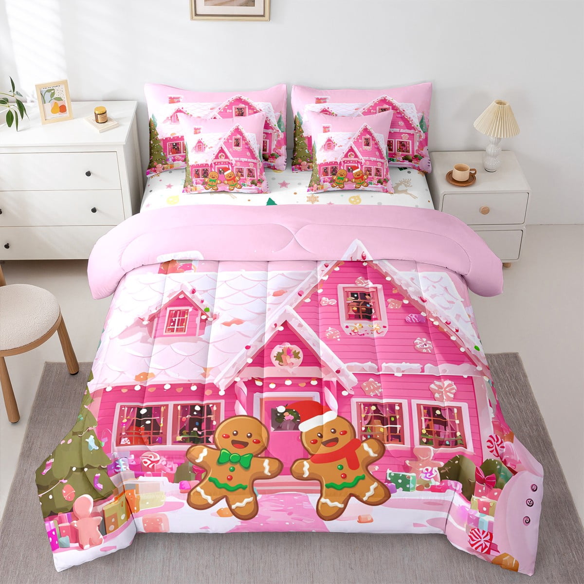 Manfei Cute Gingerbread Man 7-Piece Bedding Comforter Set,Pink ...