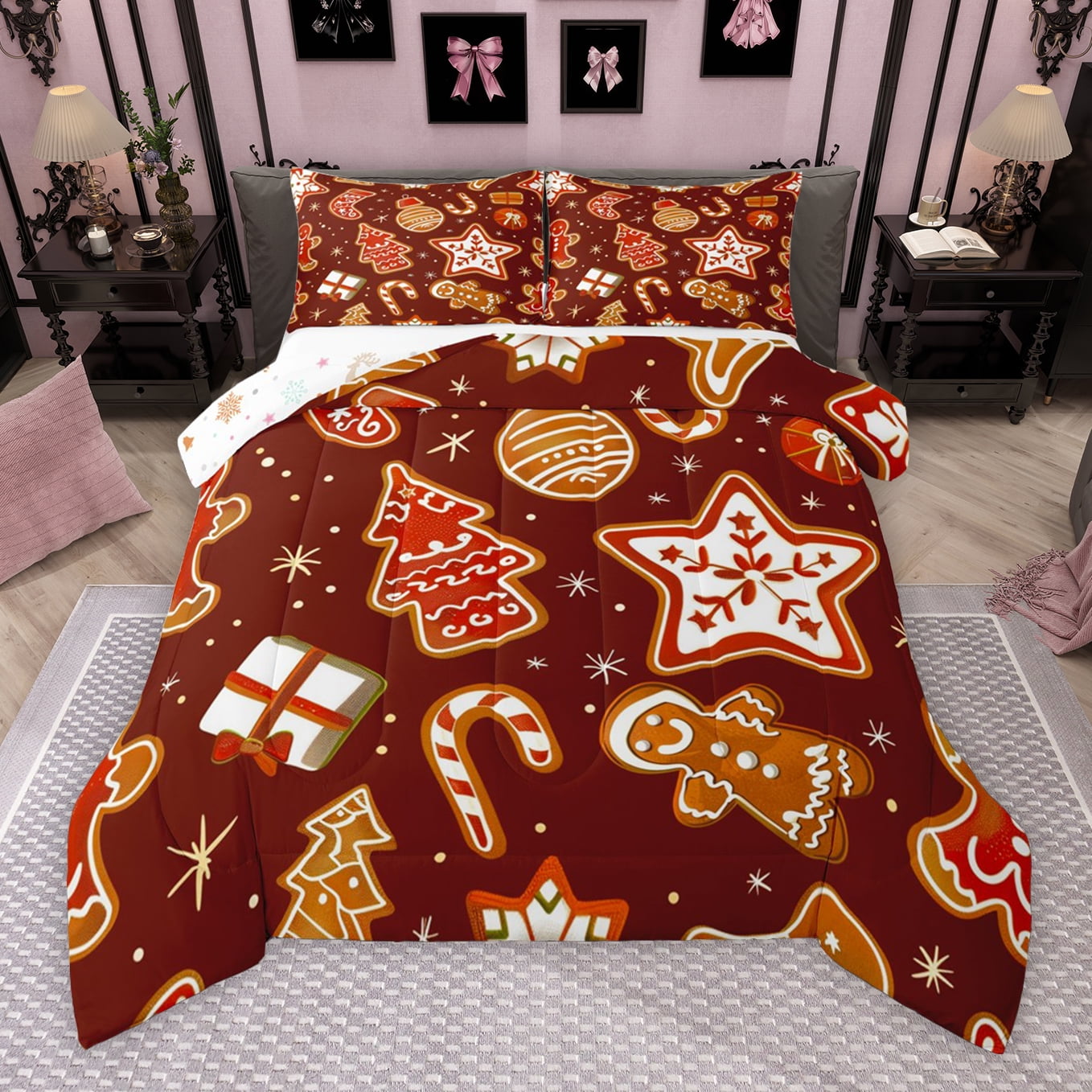 Manfei Cute Gingerbread Man Bedding Comforter Set for Kid, Red Brown ...