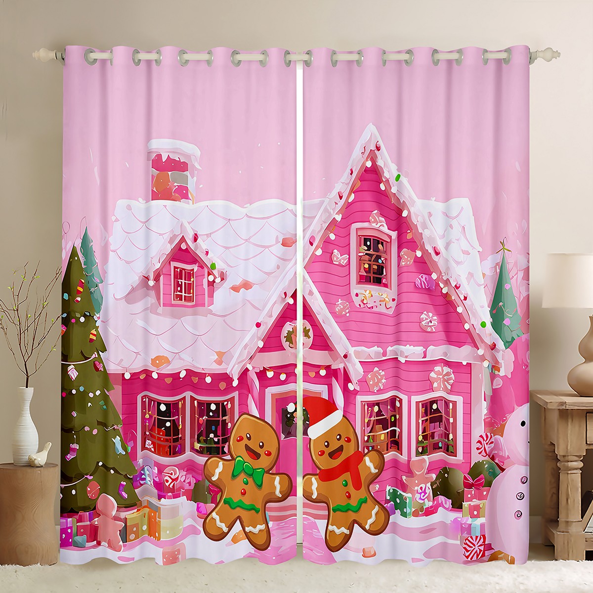 Manfei Cute Gingerbread Man Curtains and Drapes,Pink Christmas House ...