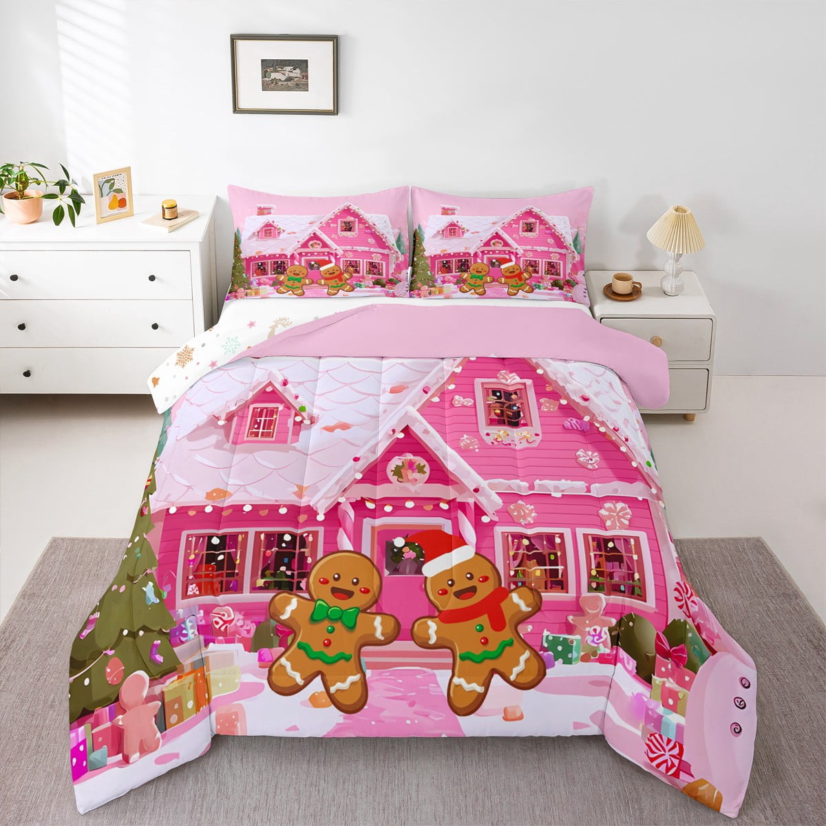Manfei Cute Gingerbread Man Full Size Comforter Sets,Pink Christmas ...