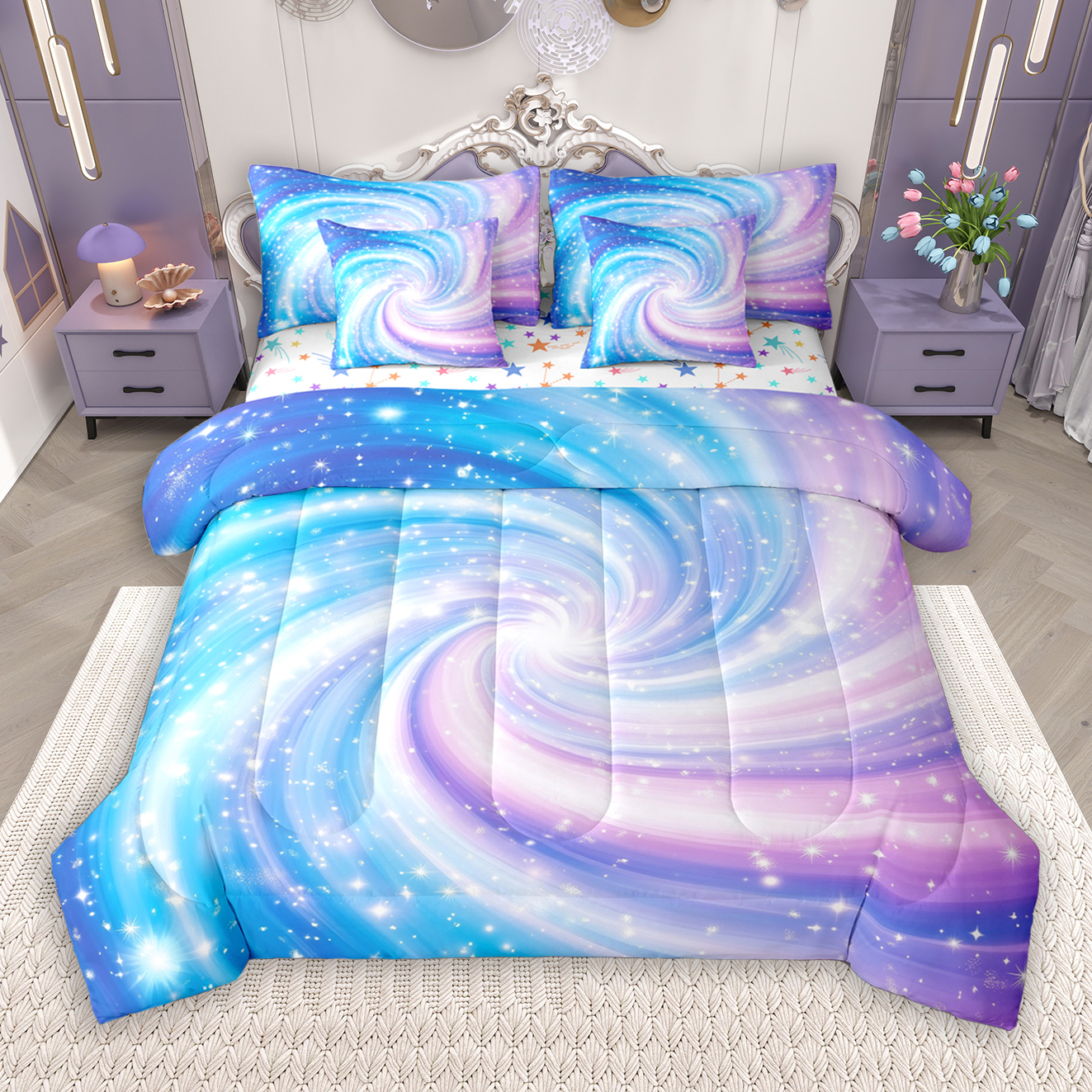 Manfei Cute Glitter Stars 7-Piece Twin Bedding Sets for Kids, Swirl ...
