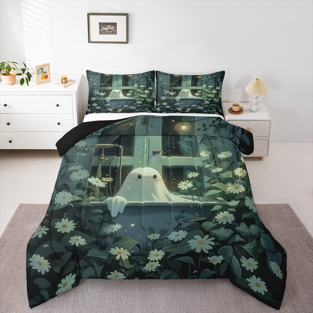 Manfei Cute Halloween Ghost Queen Comforter Set,Rustic Daisy Flower ...