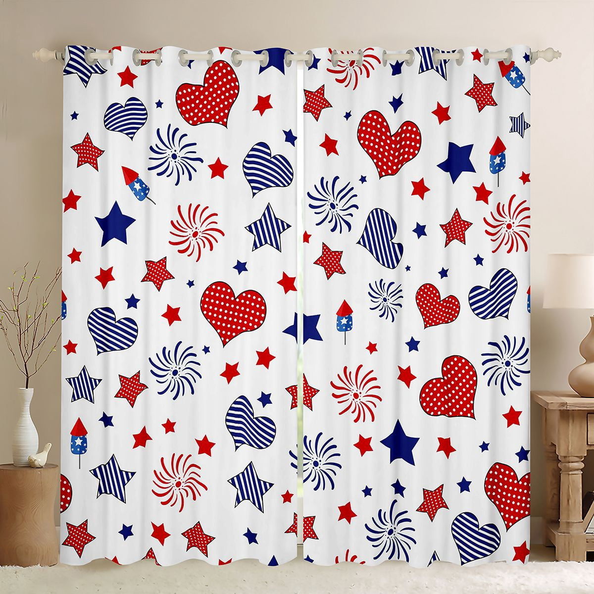 Manfei Cute Heart Star Firework Kitchen Curtains, 4th of July Black Out ...