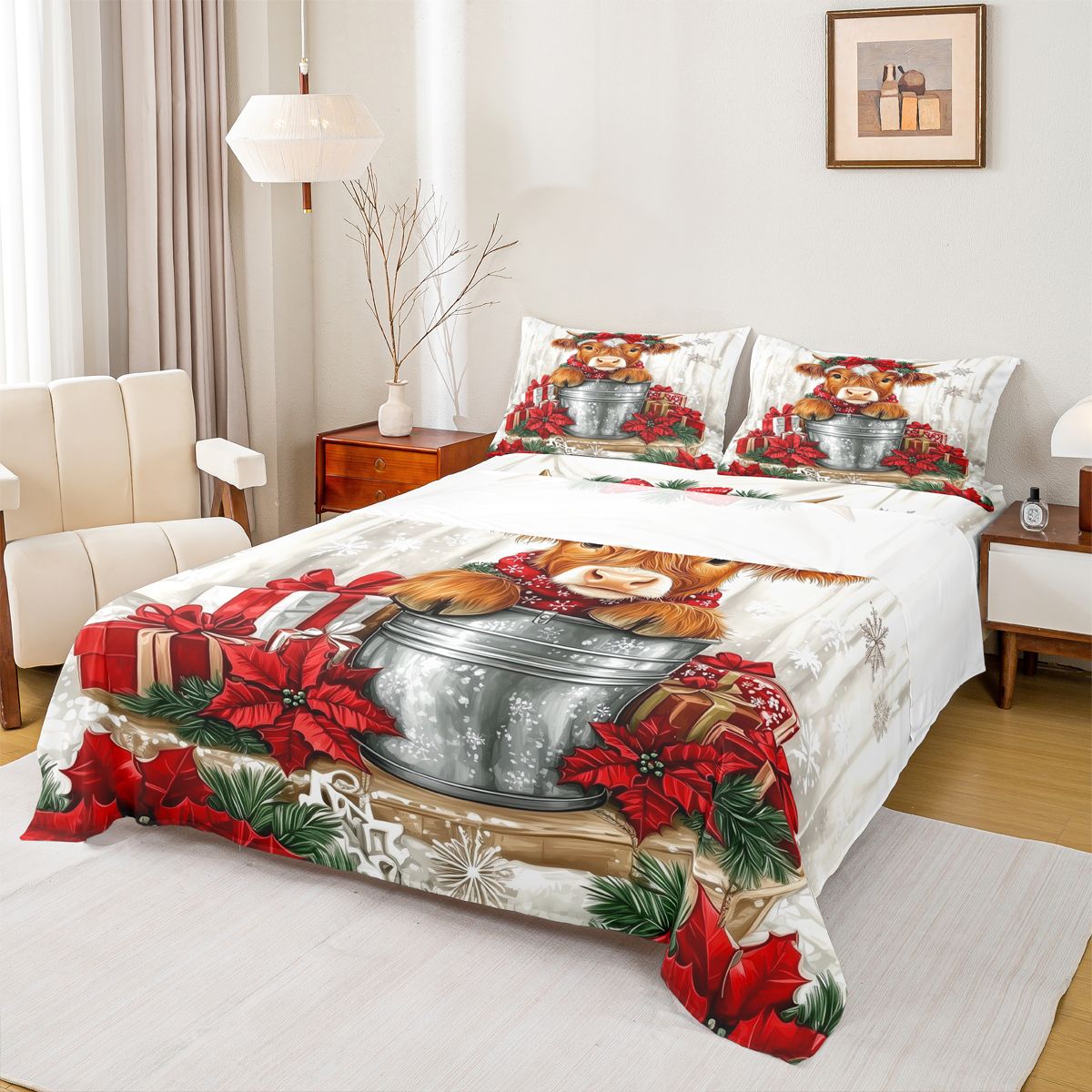 Homewish Kawaii Highland Bull 4pcs King Sheet Set, Christmas Poinsettia ...