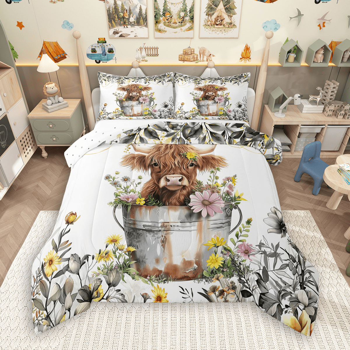 Manfei Cute Highland Cow Full Size Comforter Sets 3-Piece, Gray Flower ...