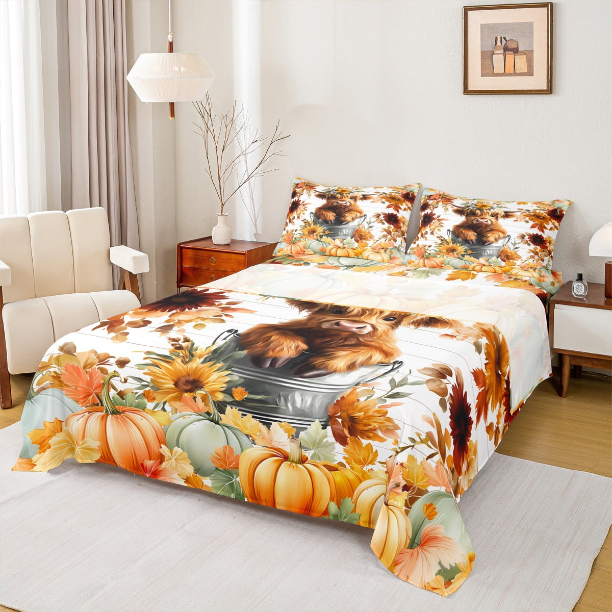 Manfei Cute Highland Cow Full Size Sheets 4-Piece, Autumn Pumpkin ...