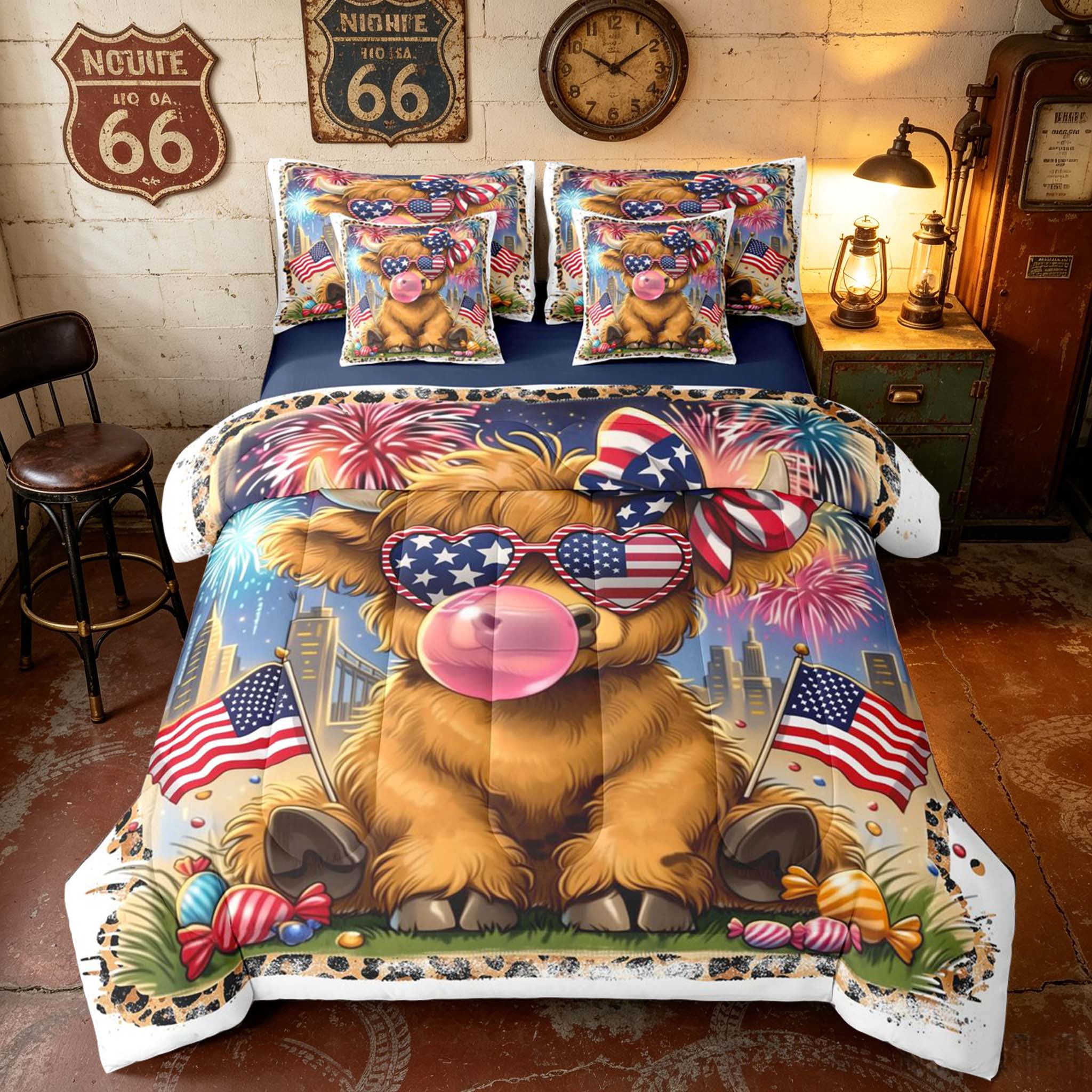 Manfei Cute Highland Cow King Bedding, Patriotic US Flag King Bed in a ...