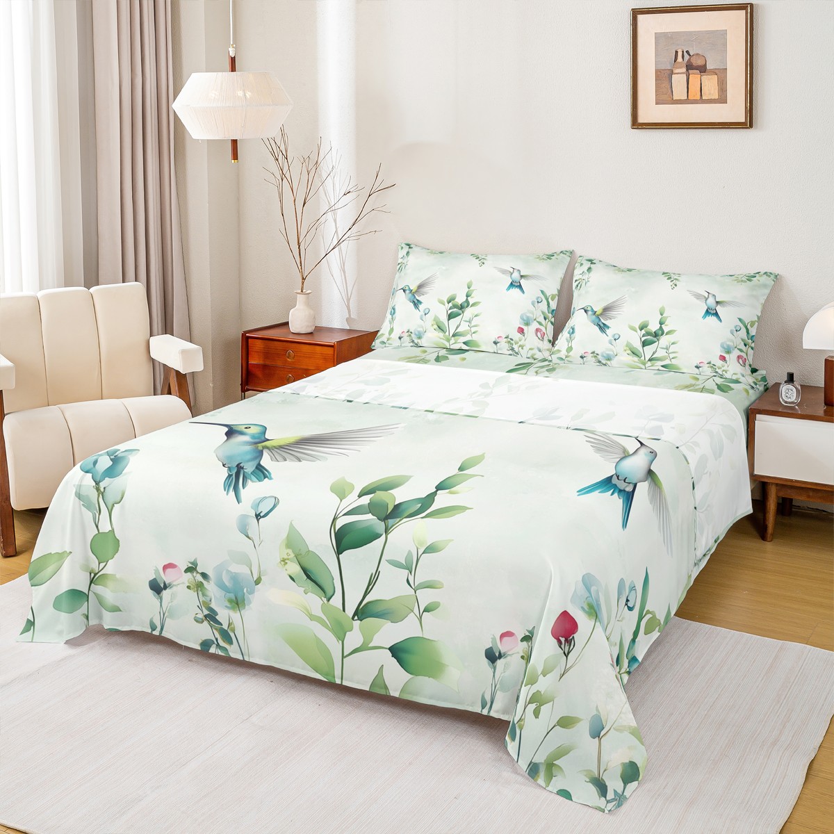 Manfei Cute Hummingbird Queen Sheet Sets,Rustic Flower Floral Flat ...