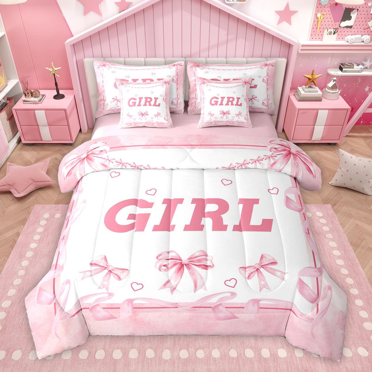 Homewish Cute Kawaii Girl Twin Bedding Sets 7-Piece, Cartoon Stars Bow ...