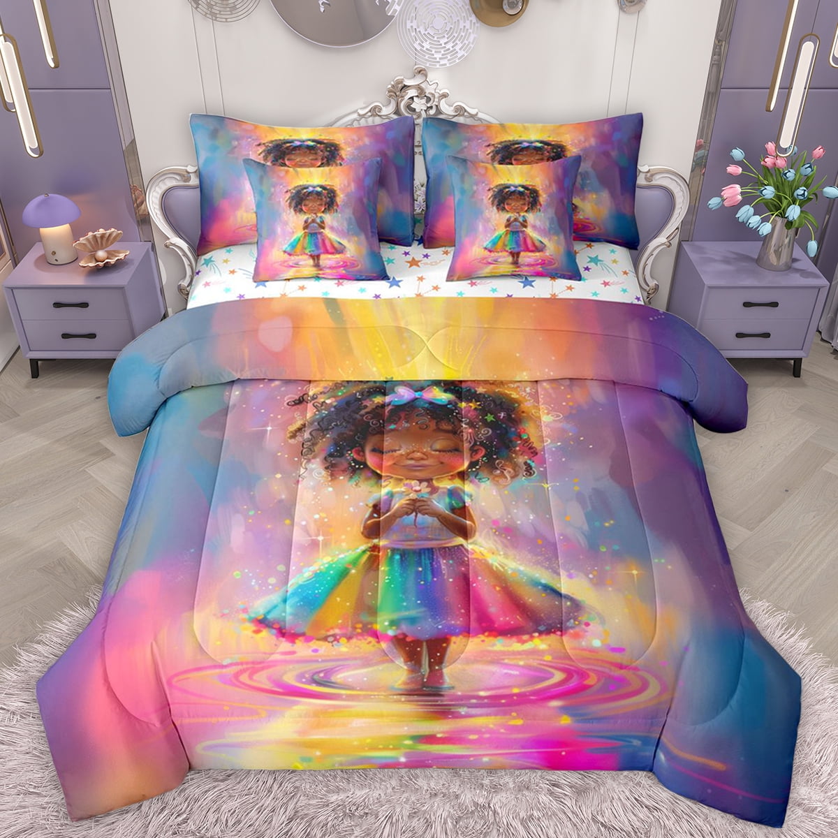 Manfei Cute Little Girl Bedding Comforter Set 7 Pieces for Kids, Fairy ...
