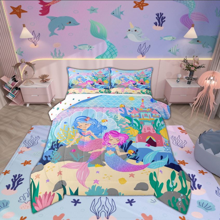 Manfei Cute Mermaid Bedding Full Comforter Set, Kawaii Ocean Princess Comforter Sets Full Size ...