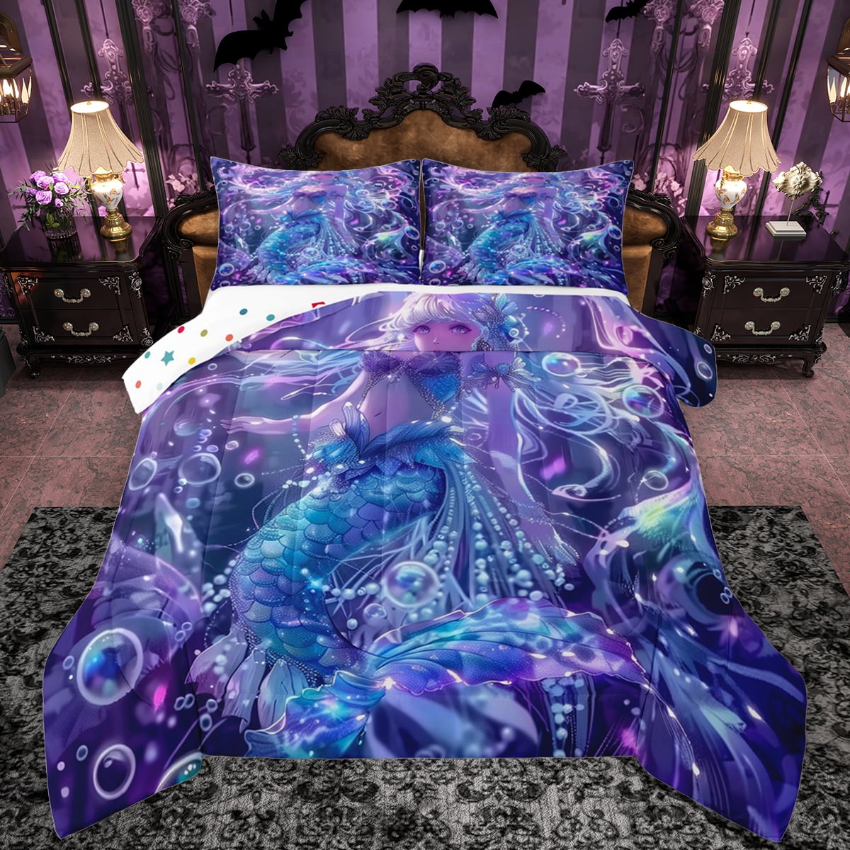 Manfei Cute Mermaid Princess Bedding Comforter Set,Watercolor Magic ...