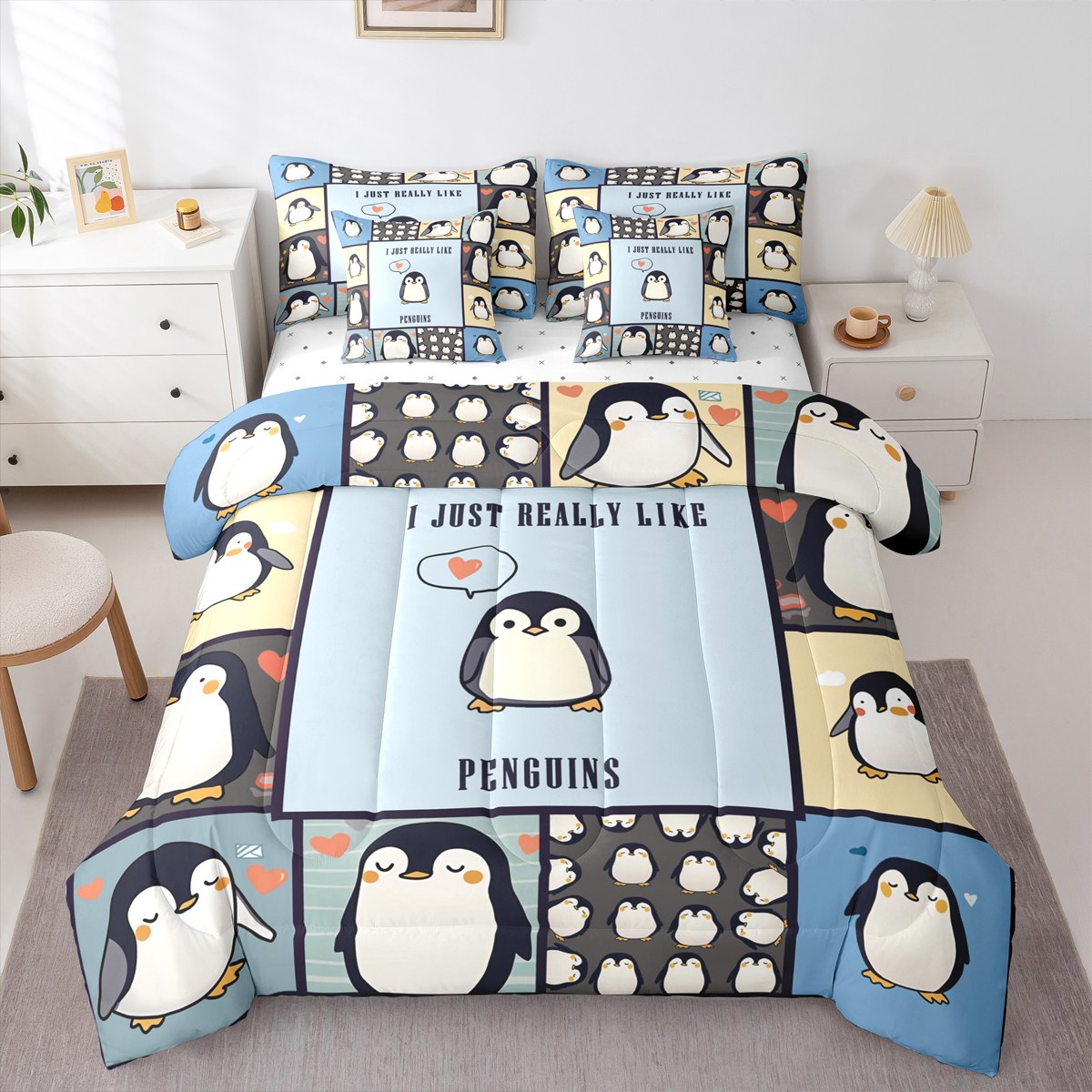Manfei Cute Penguin Animal Bedding Comforter Set 7 Pieces, Kawaii ...