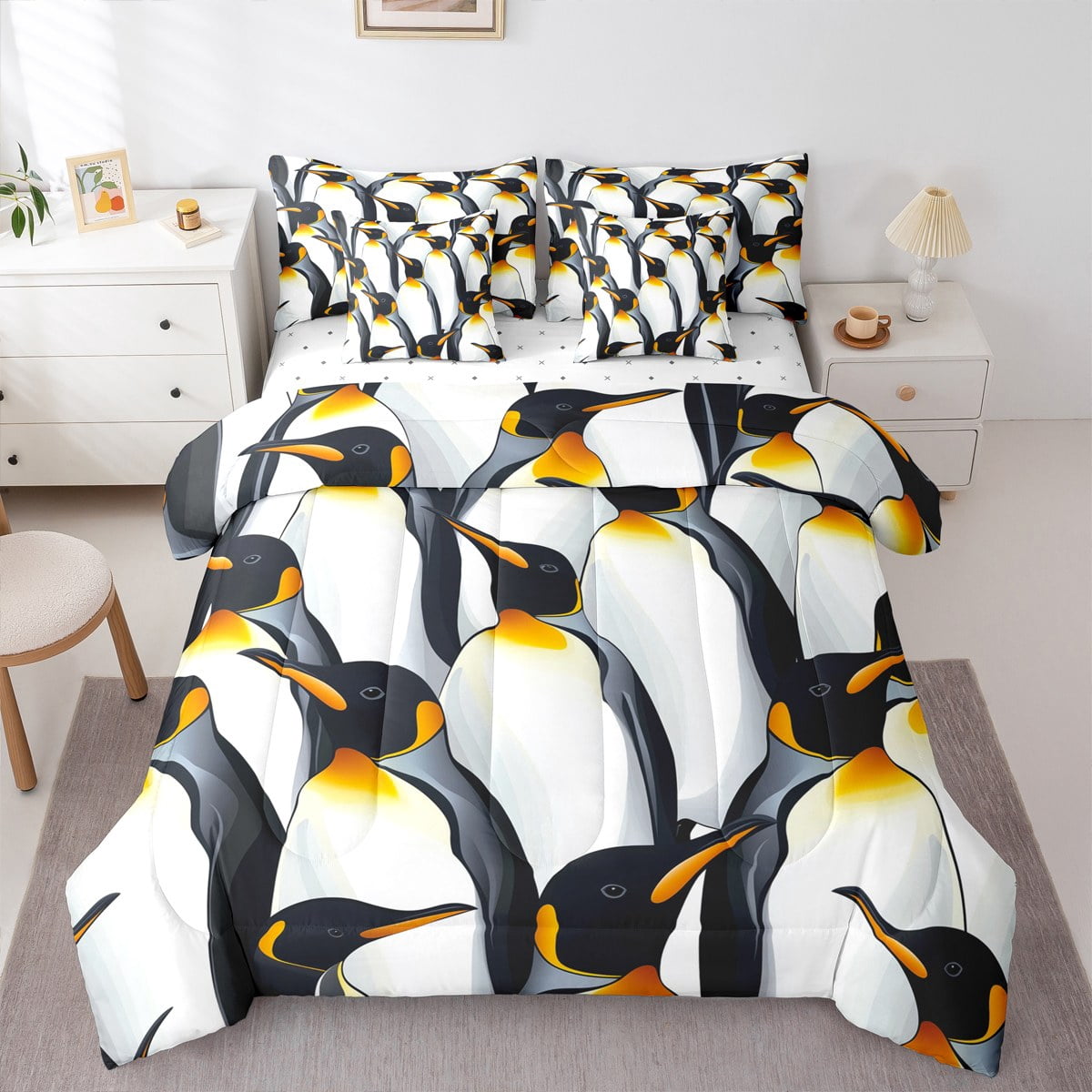Manfei Cute Penguin Print Bedding Comforter Set 7 Pieces, Kawaii ...