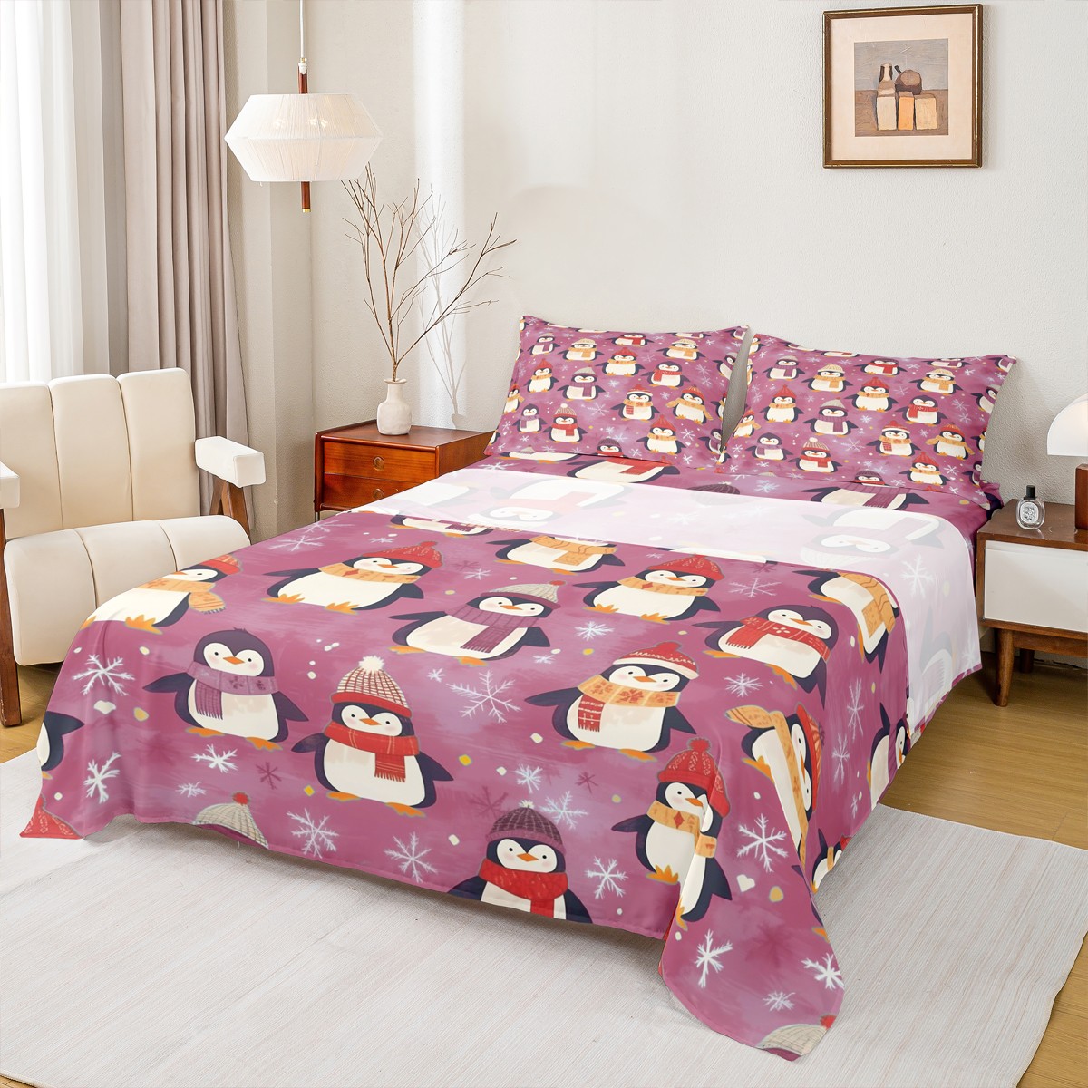 Manfei Cute Penguin Wildlife Twin Sheet Sets, Kawaii Cartoon Snowflake ...