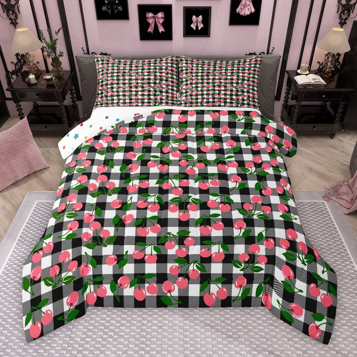 Manfei Cute Pink Cherry Bedding Comforter Set for Kids, Cartoon Black ...