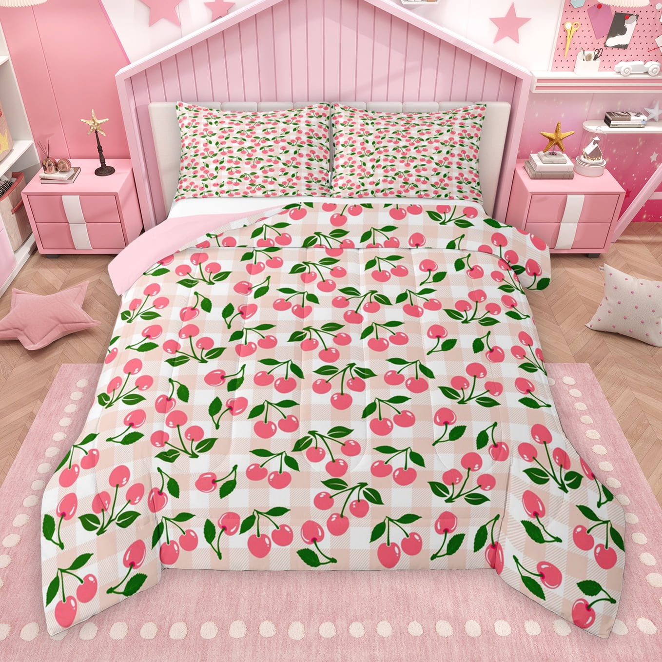 Manfei Cute Pink Cherry Bedding Comforter Set for Kids, Cartoon Orange ...