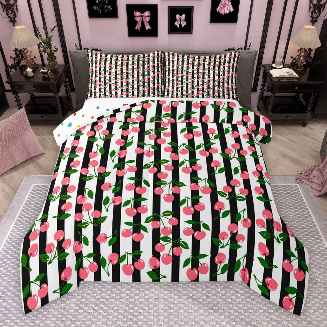 Manfei Cute Pink Cherry Queen Comforter Set for Kids, Cartoon Black ...