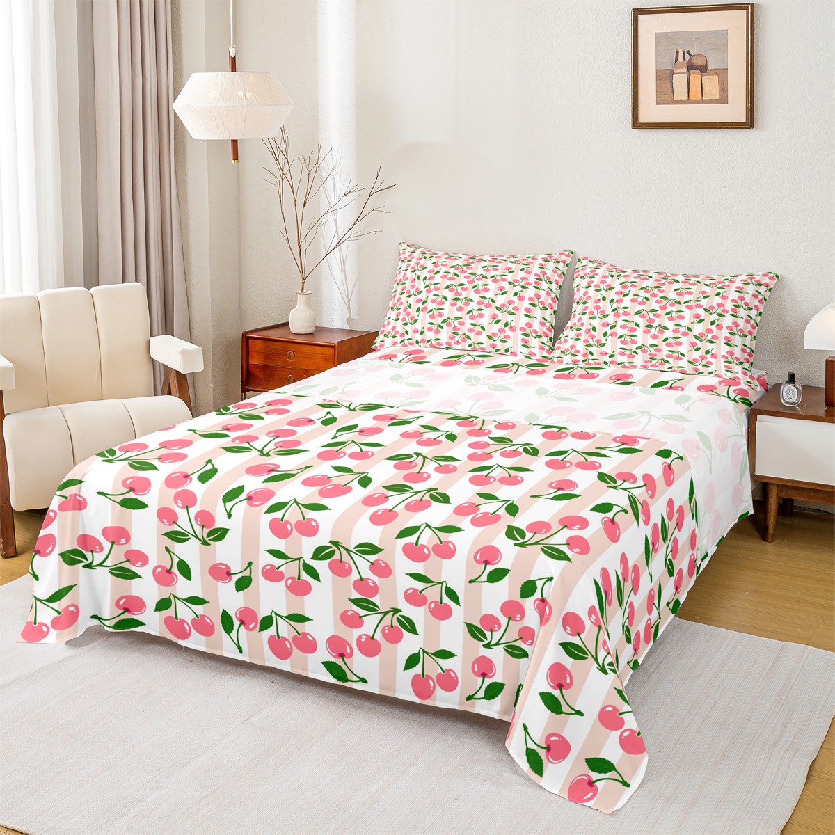 Manfei Cute Pink Cherry Queen Sheet Sets for Kids, Cartoon Orange ...