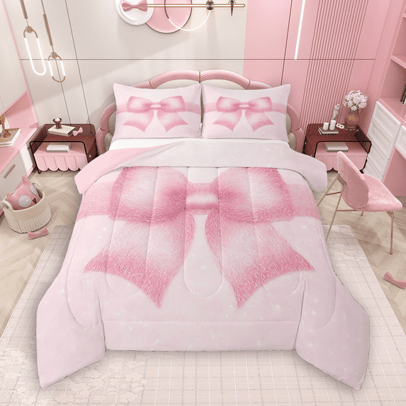 Manfei Cute Pink Queen Comforter Set 3 Pieces for Girls, Princess Bow ...