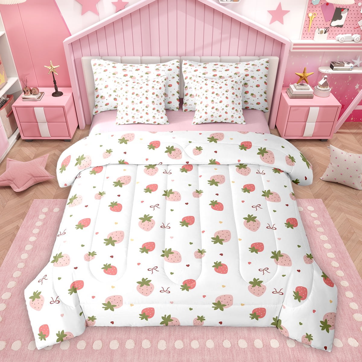 Homewish Cute Pink Strawberry Bedding Comforter Set 7 Pieces for Kid ...
