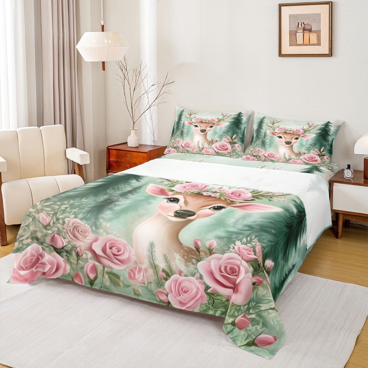 Manfei Cute Safari Deer Bed Sheets,Pink Flower Floral King Sheets,Merry ...