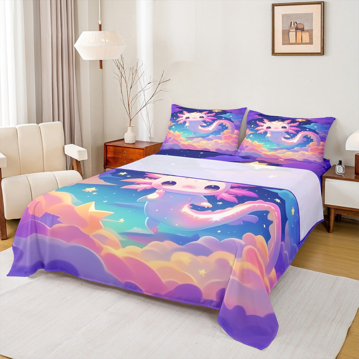 Manfei Cute Salamander Queen Sheet Sets,Rainbow Clouds Flat Sheet ...