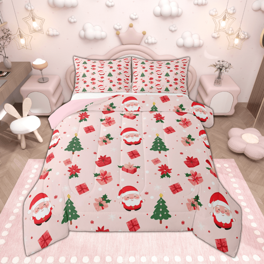 Manfei Cute Santa Claus Bedding Comforter Set for Girls, Christmas Tree ...