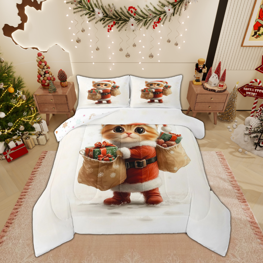Manfei Cute Santa Claus Cat Queen Comforter Set, Cartoon Christmas ...