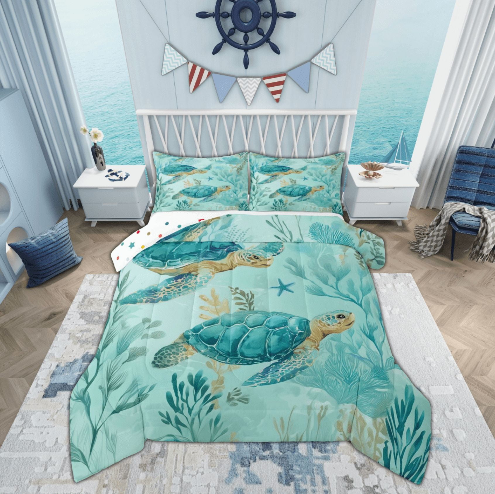 Manfei Cute Sea Turtle Comforter Sets Full Size, Ocean Animal ...