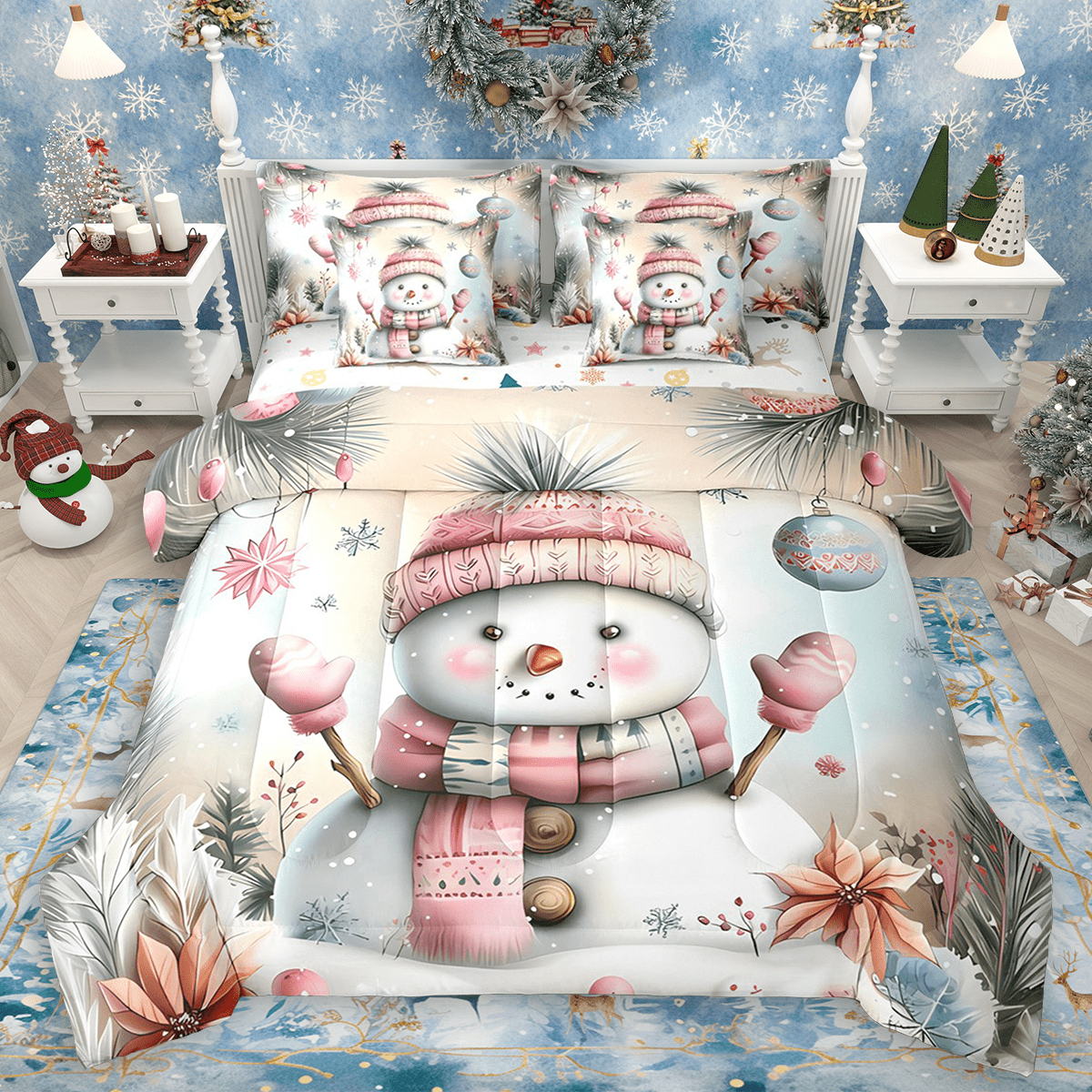Manfei Cute Snowman Bedding Comforter Set 7 Pieces for Girls Boys, Pink ...