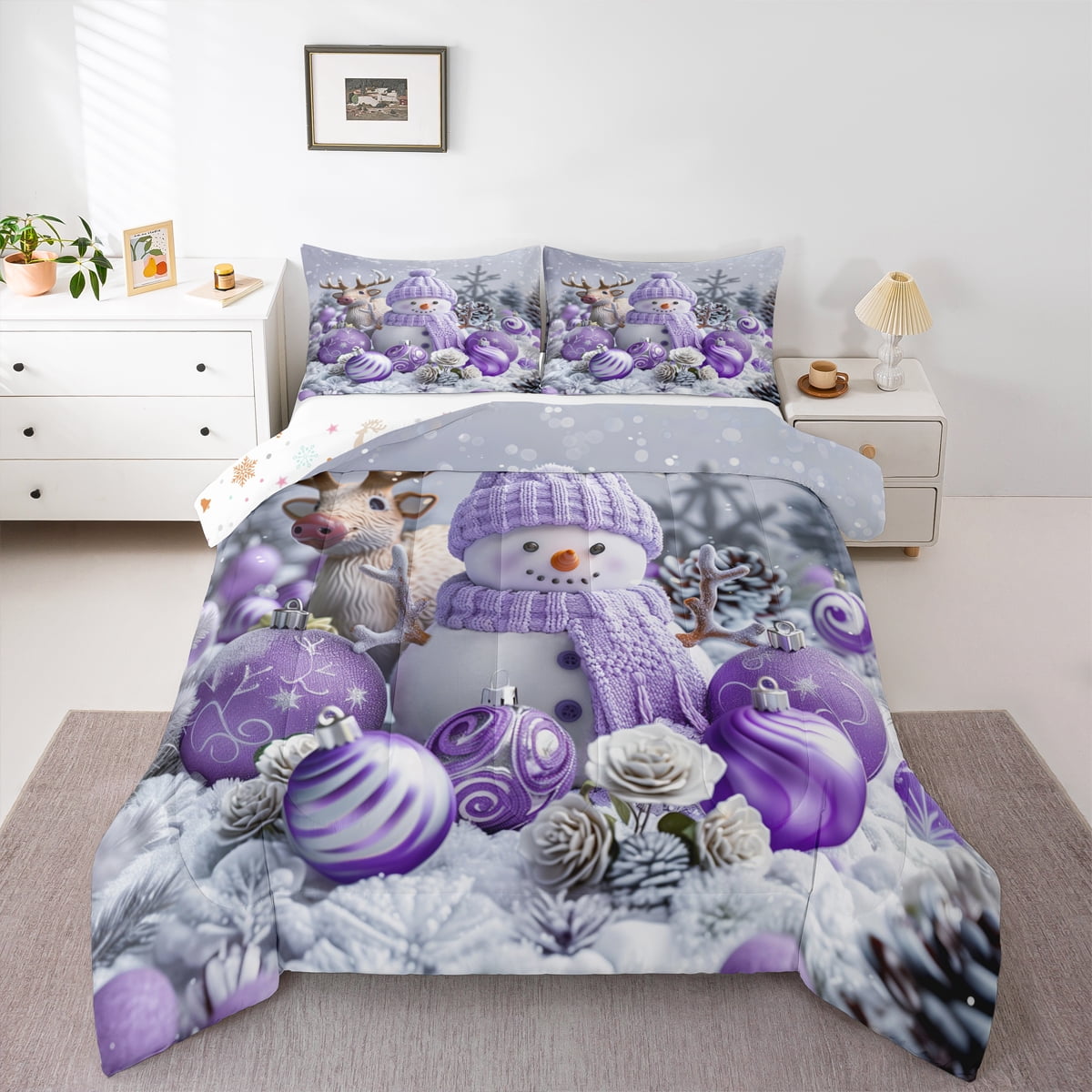 Manfei Cute Snowman Bedding Comforter Set,Cartoon Christmas Reindeer ...