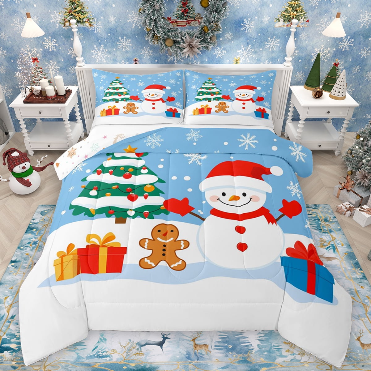 Manfei Cute Snowman Bedding Comforter Set,Cartoon Christmas Tree Twin ...