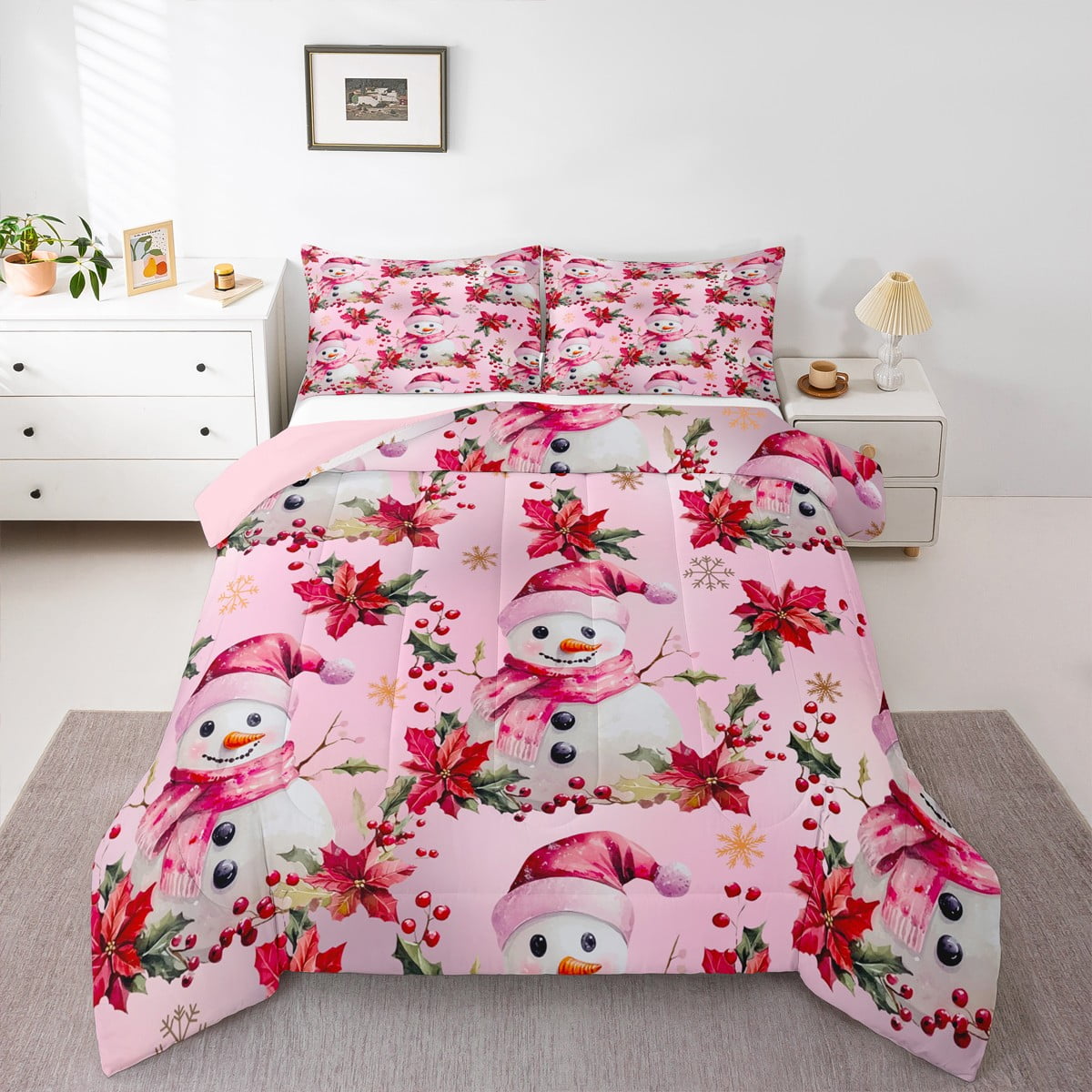 Manfei Cute Snowman Bedding Comforter Set,Red Berry Leaves Twin ...