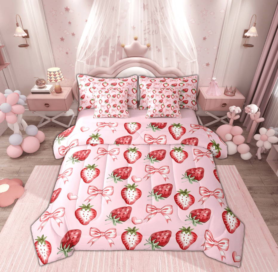 Manfei Cute Strawberry Print Bedding Comforter Set 7pcs for Kid ...
