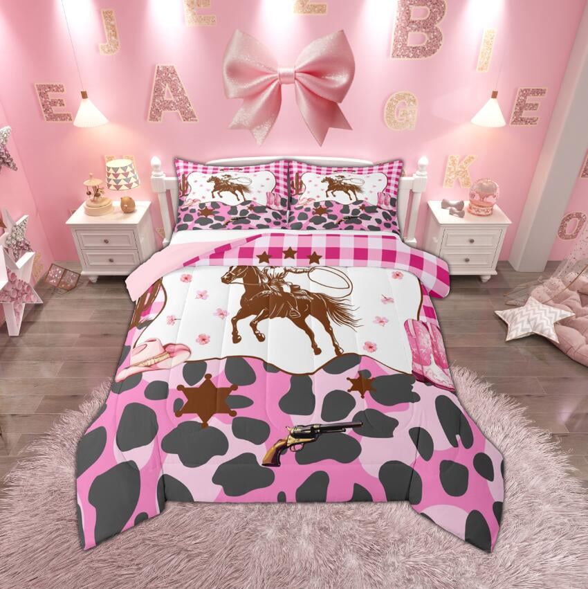 Manfei Cute Western Cowgirl Queen Comforter Set, Pink Cow Print Bedding ...