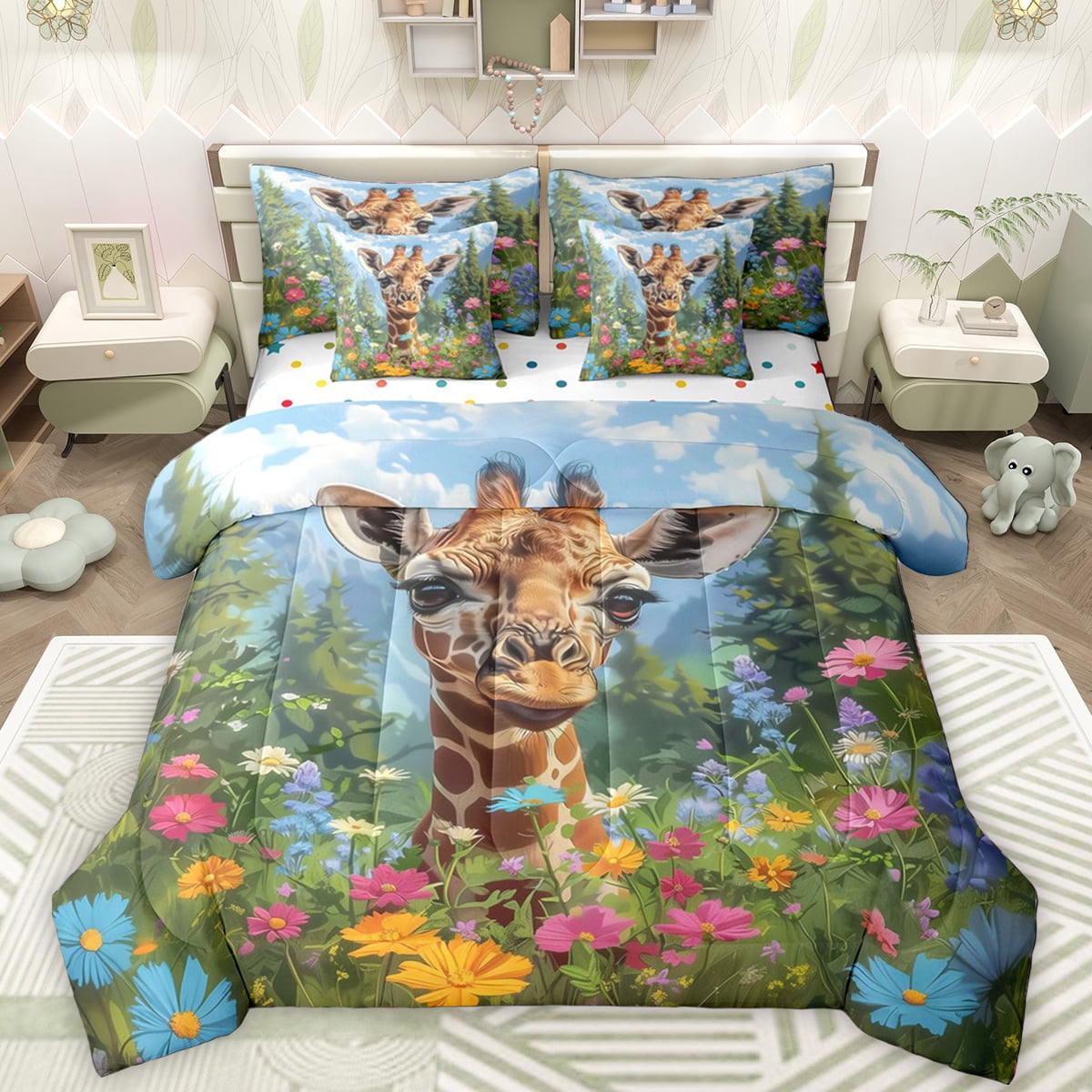 Manfei Cute Zoo Giraffe 7pcs Bedding Comforter Set,Watercolor Daisy ...