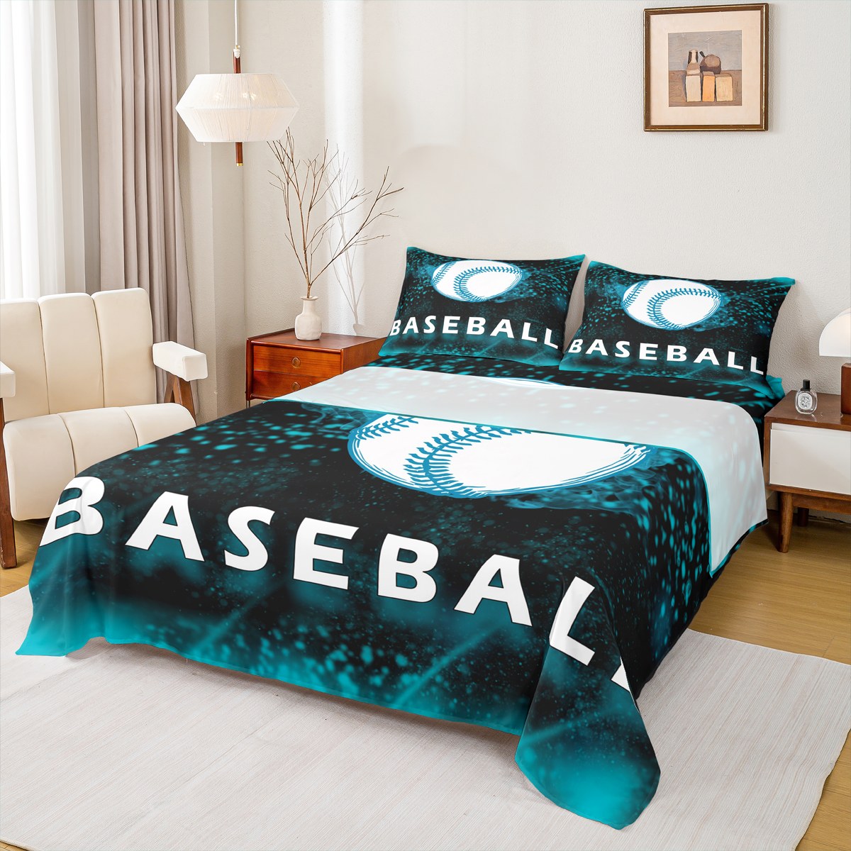 Manfei Cyan Baseball Sports Queen Sheet Sets, Cartoon Ball Print Flat ...